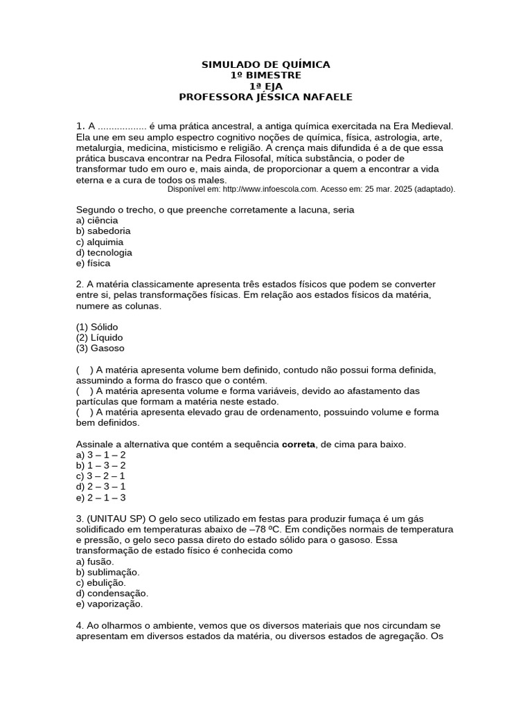 SIMULADO DE QUÍMICA 1 Eja 1 Bimestre 2025 | PDF | Congelamento | Química