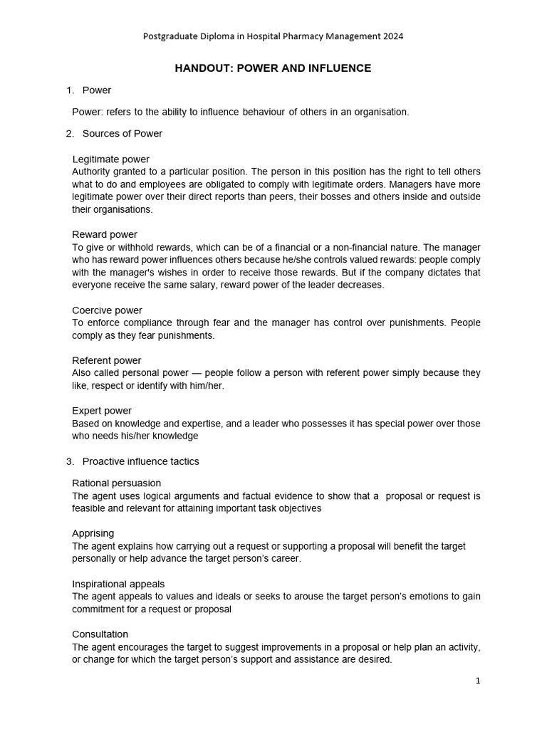 Handout - Power and Influence - 2024 | PDF | Power (Social And ...