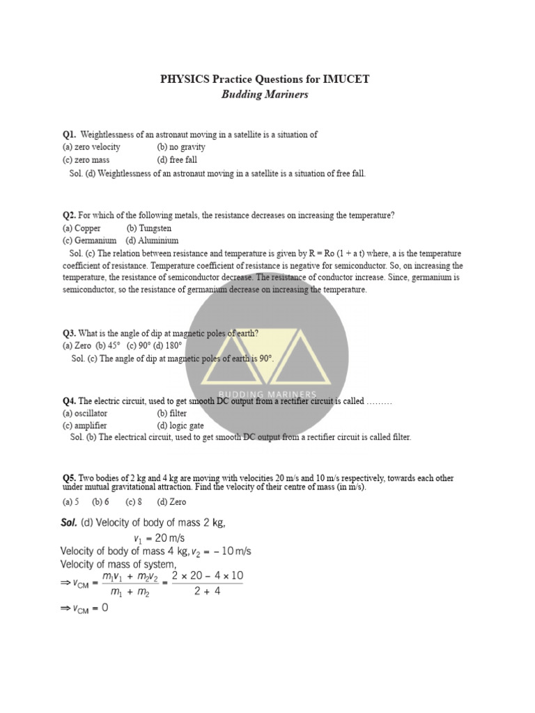 Physics IMUCET Practice Questions | PDF | Angular Resolution | Atoms