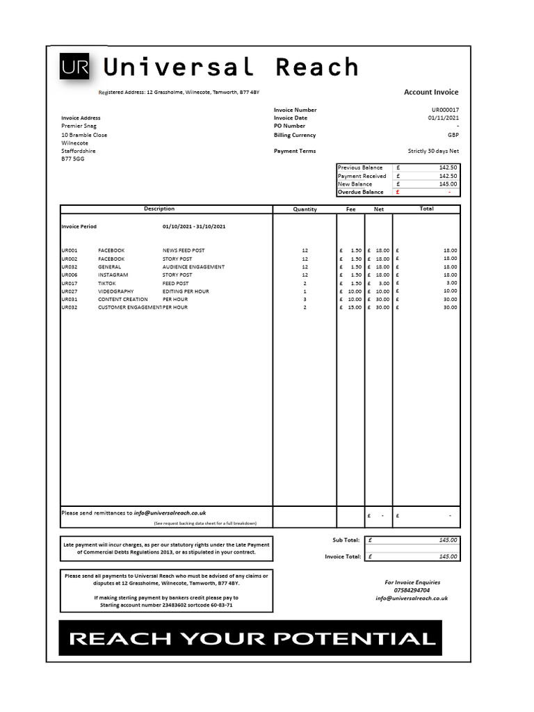 Universal Reach Invoice UR000017 - 01.11.2021 (Premier Snag) | PDF ...