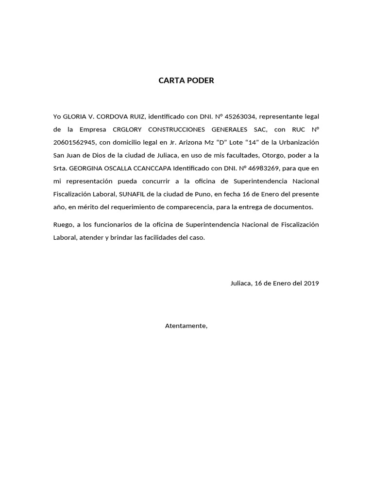 Carta Poder Sunafil | PDF