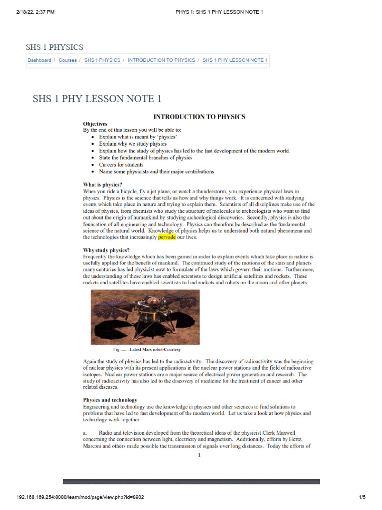 Phys 1 - Shs 1 Phy Lesson Note 1 - Introduction To Physics | PDF