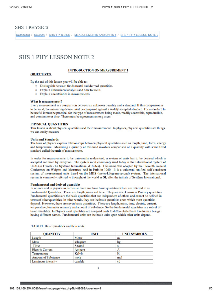SHS 1 Physics Lesson Note 2 | PDF