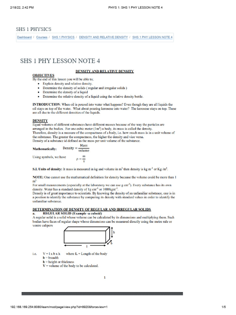 Phys 1 - Shs 1 Phy Lesson Note 4 - Density and Relative Density | PDF