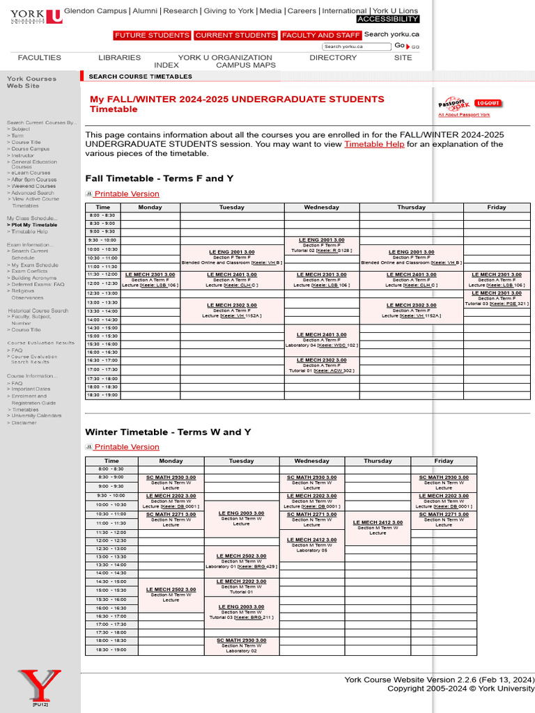 York Courses Website - My Class Timetable | PDF | York University ...