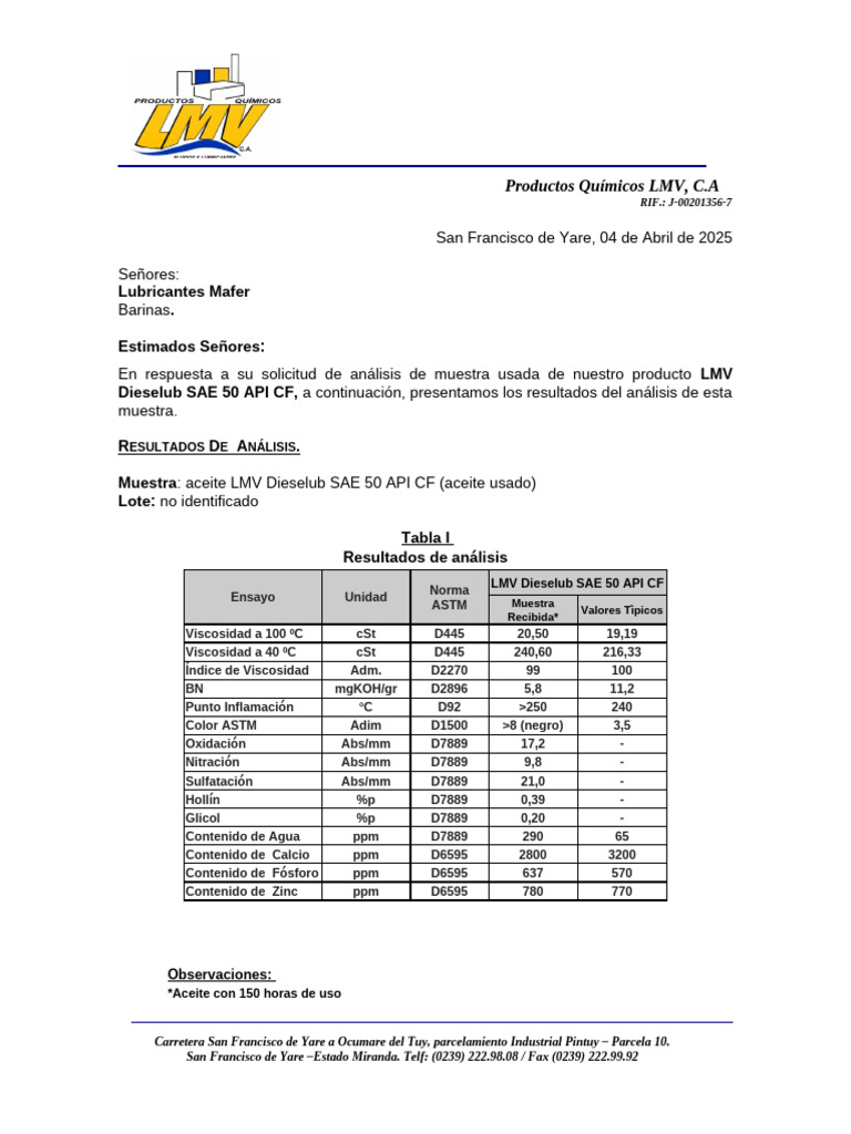 Análisis de Aceite LMV Dieselub SAE 50 | PDF | Lubricante | Magnesio