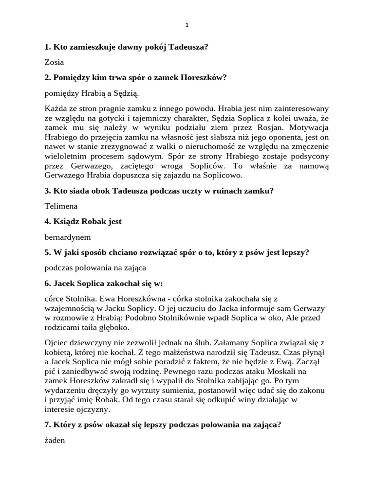 Pytania Test Pan Tadeusz | PDF