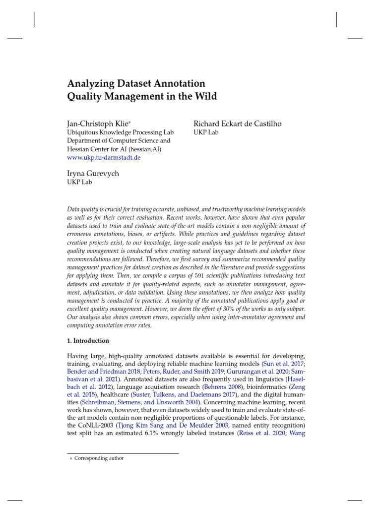 Analyzing Dataset Annotation Quality Management in The Wild: Jan-Christoph Klie Richard Eckart ...