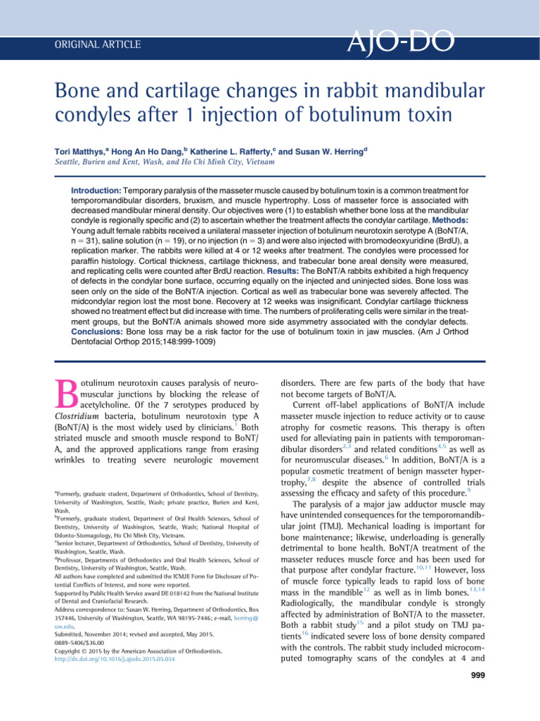 Bone and Cartilage Changes in Rabbit Mandibular Condyles After 1 Injection of Botulinum Toxin ...