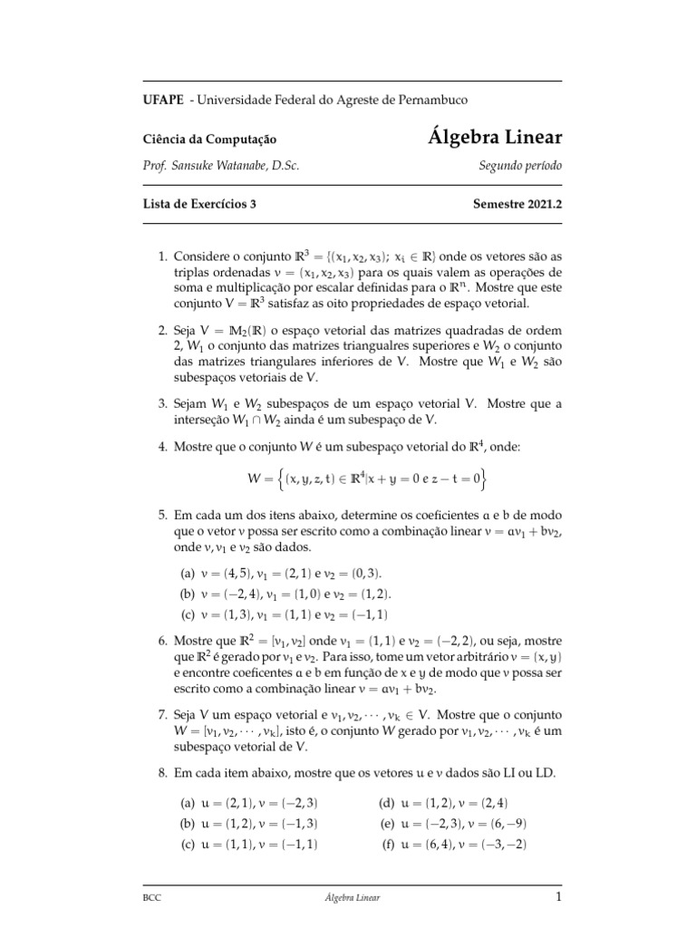 Lista BCC Algebra-Linear-2021-2 L3 | PDF