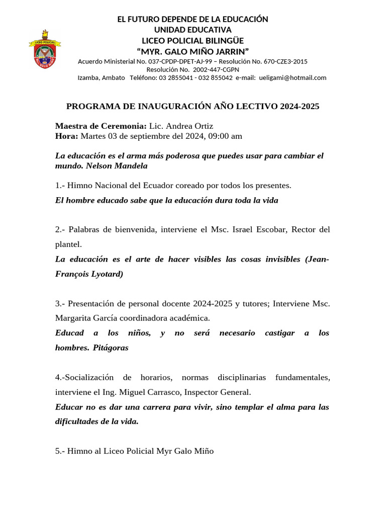 Inauguración Año Lectivo 2024-2025 Liceo Galo Miño | PDF