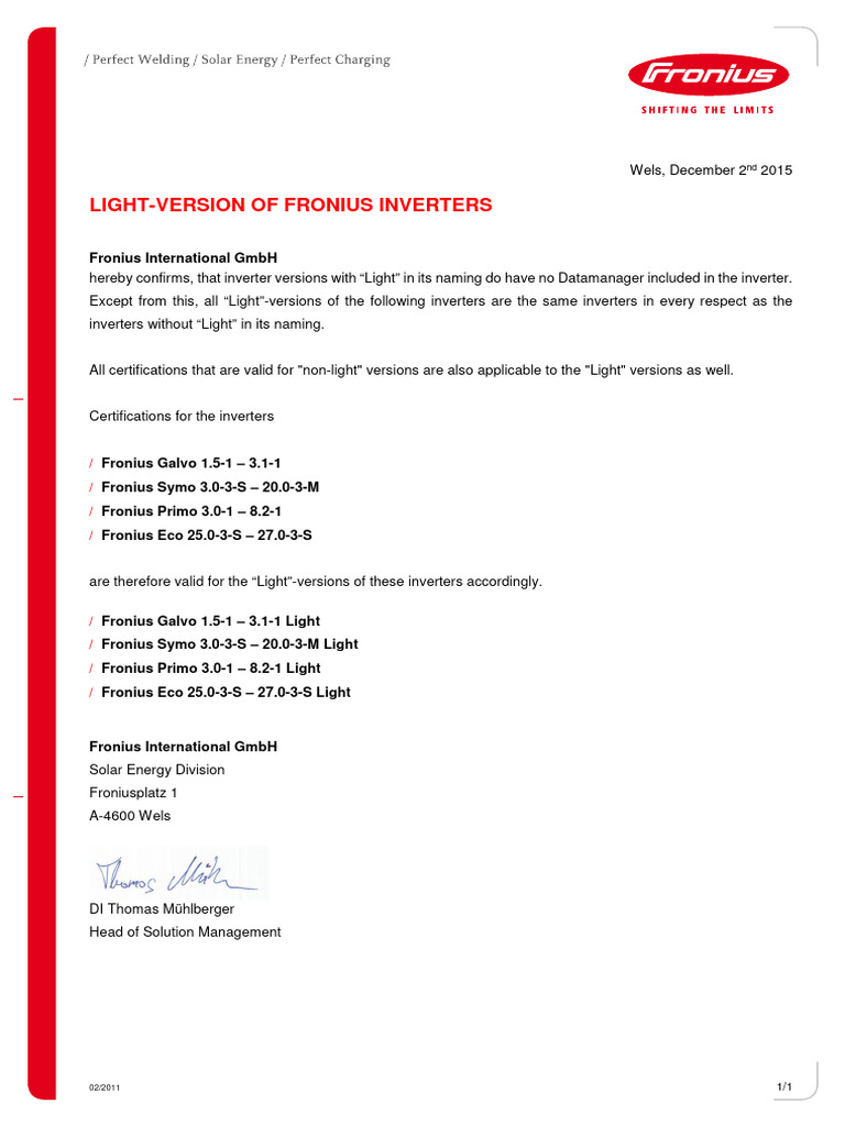 SE CER Light Version Certification Fronius Galvo Symo Primo Eco EN | PDF