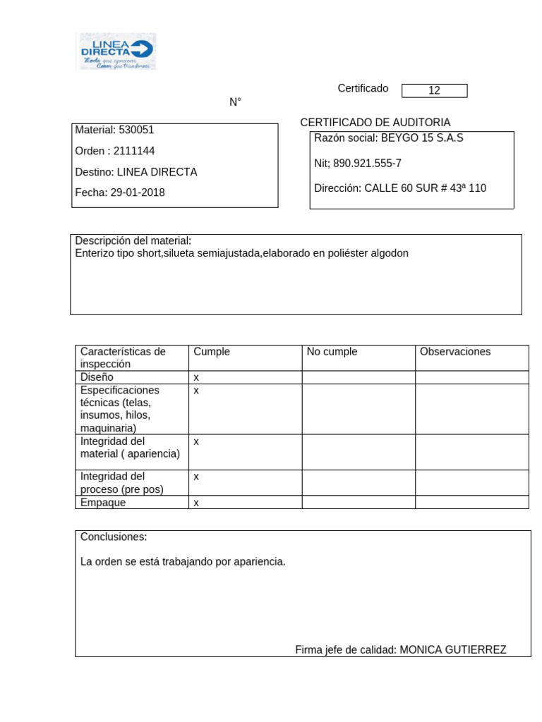 Formato 12 REF530051. Certificado # 12 | PDF