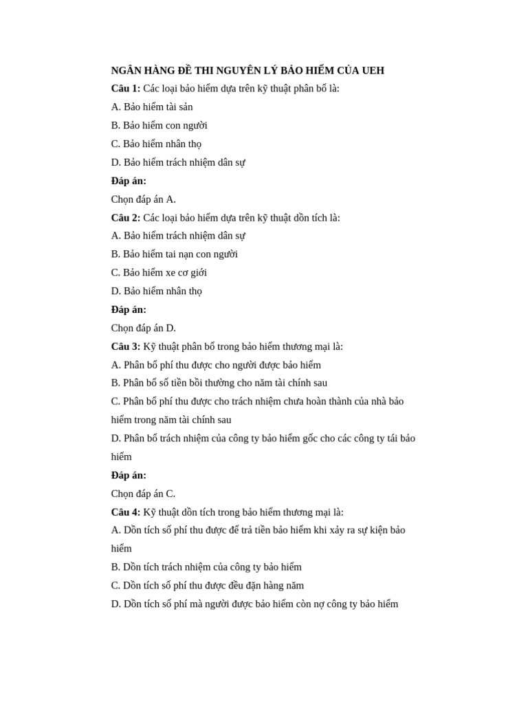 Ngân Hàng Đề Thi Nguyên Lý Bảo Hiểm Của Ueh | PDF