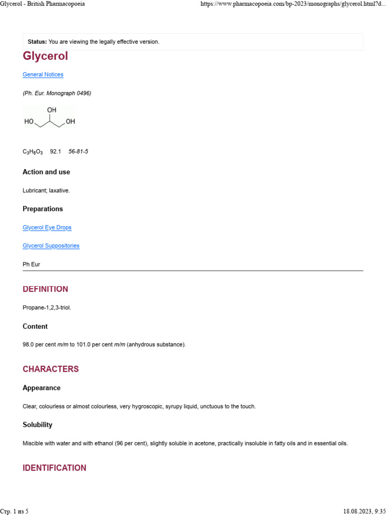 Glycerol Monograph Overview BP 2023 | PDF | Chromatography | Glycerol