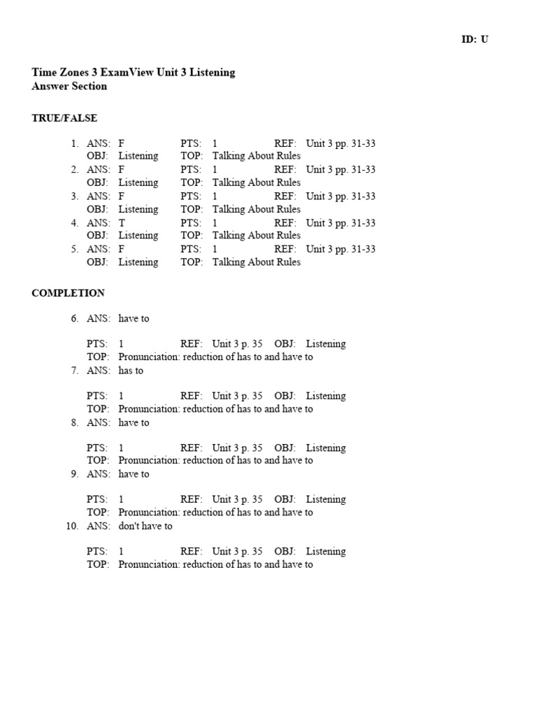 ExamView - TZ3 Unit 3 Listening - Answer Key | PDF