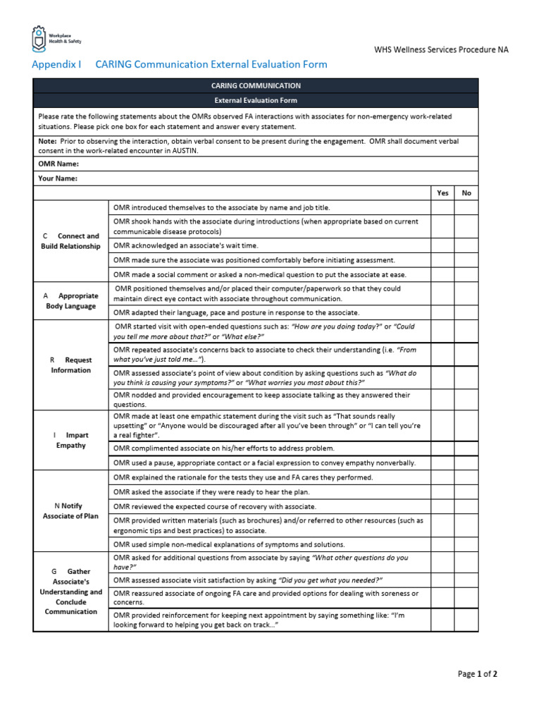 Appendix I CARING Communication External Evaluation Form PDF | PDF ...