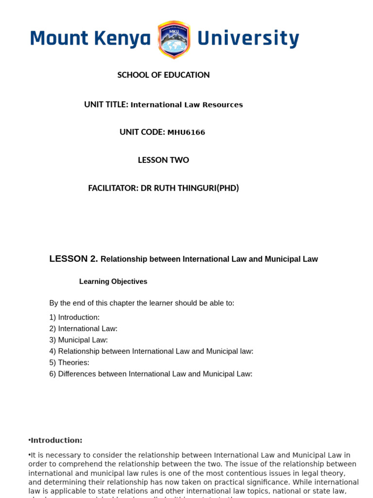 LESSON 2 Relationship Between International Law and Municipal Law | PDF | International Law | Treaty