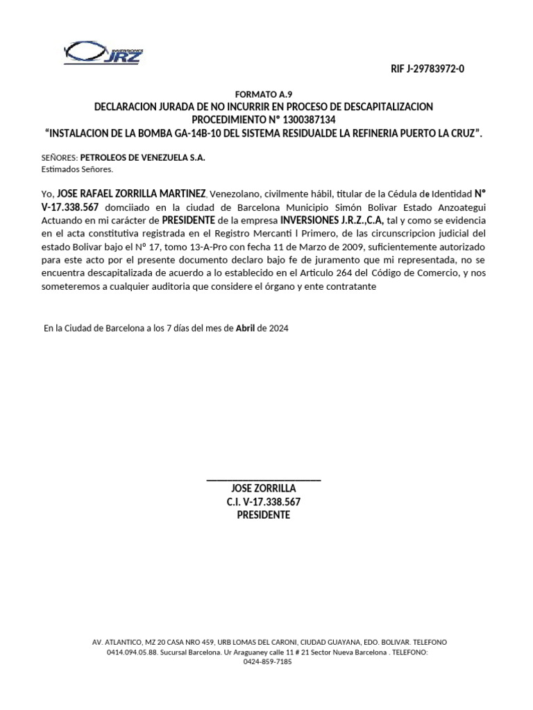 Declaracion Jurada de No Incurrir en Proceso de Descapitalizacion | PDF
