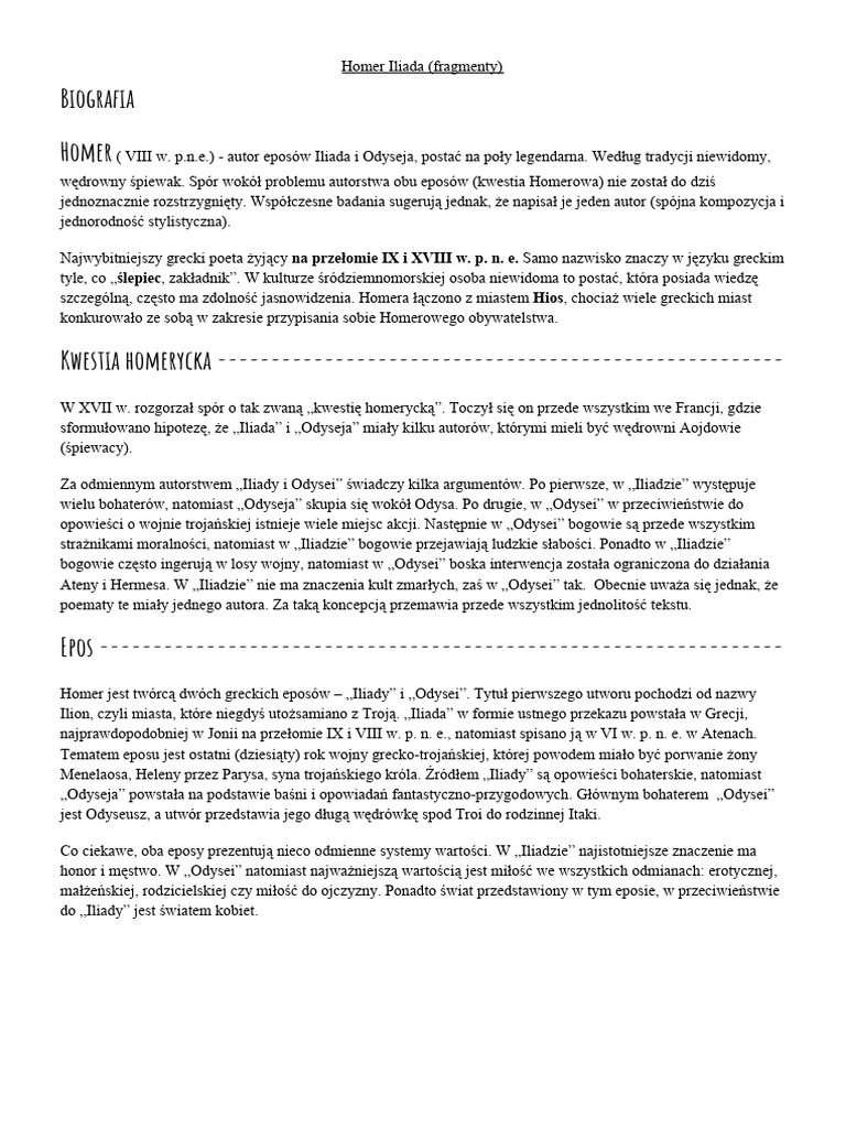 Homer Iliada Fragmenty | PDF