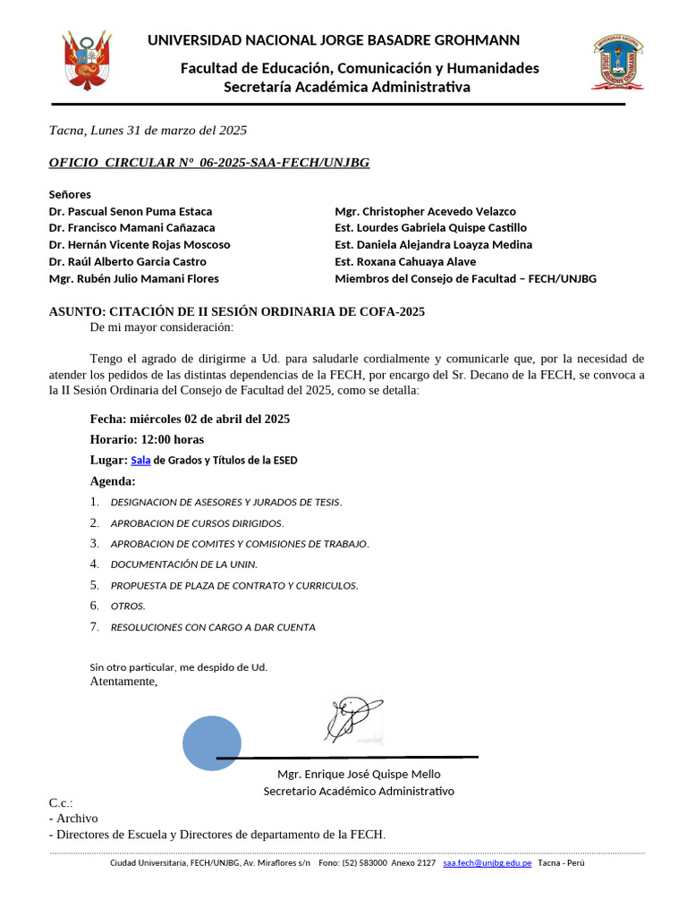 Oficio Circ 006-2025-SAA-FECH-Conv-COFA - 31-Marzo-2025 | PDF