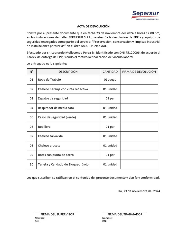 Acta de Devolución | PDF