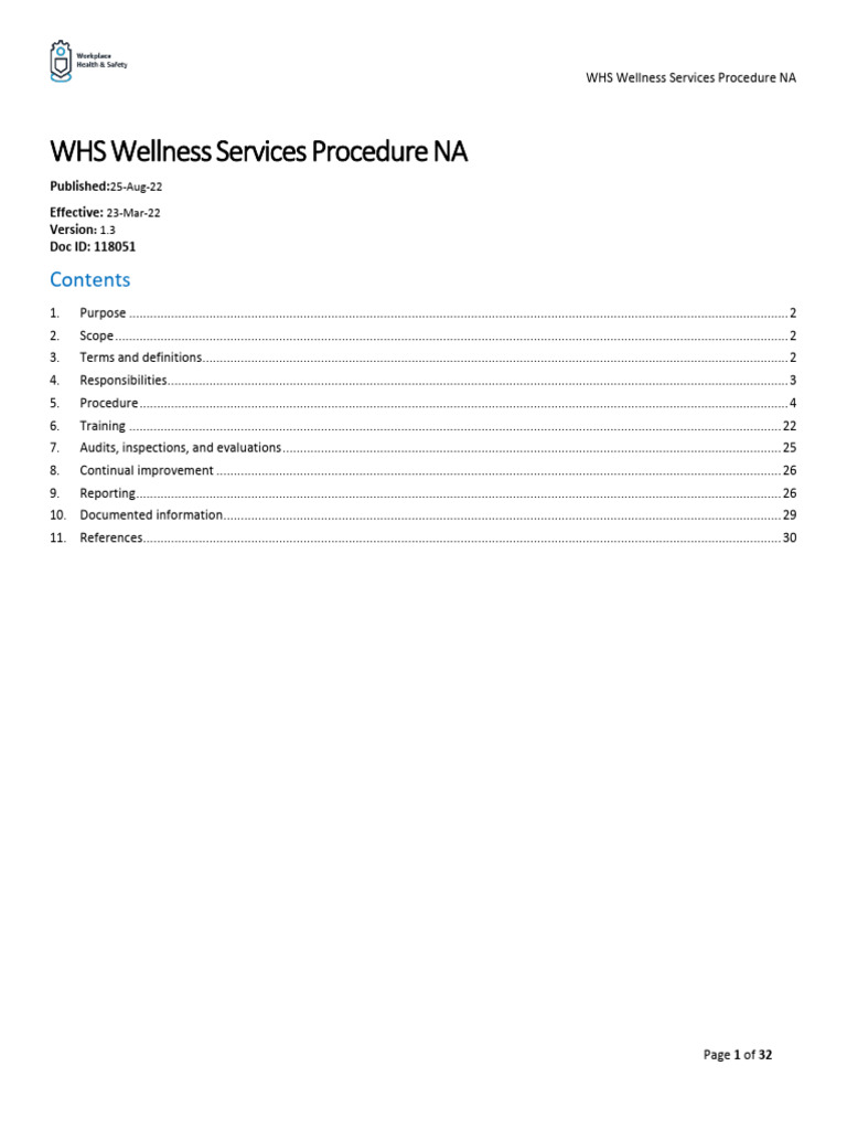 WHS Wellness Services Procedure NA PDF | PDF | Occupational Safety And ...