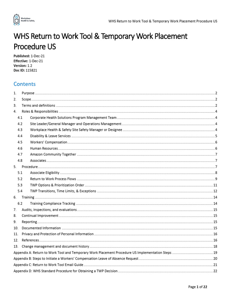 WHS Return to Work Procedure Overview | PDF | Employment | Occupational ...