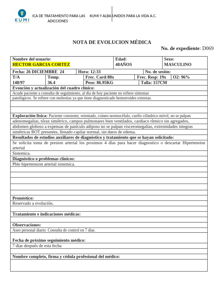 Evolución Médica y Presión Arterial | PDF | Examen físico | Diagnostico ...