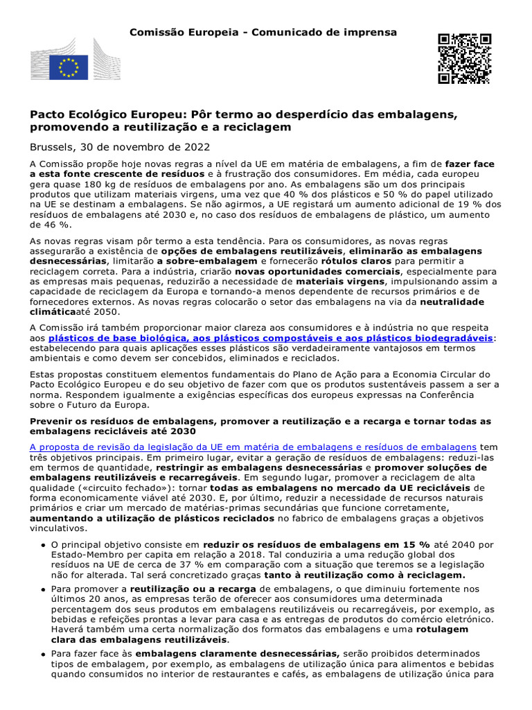 Pacto Ecol Gico Europeu P R Termo Ao Desperd Cio Das Embalagens Promovendo A Reutiliza o e A ...