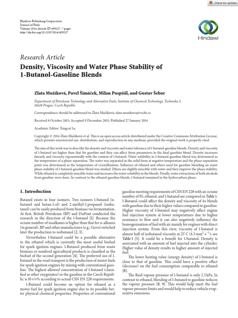 Density, Viscosity and Water Phase Stability of 1-Butanol-Gasoline ...