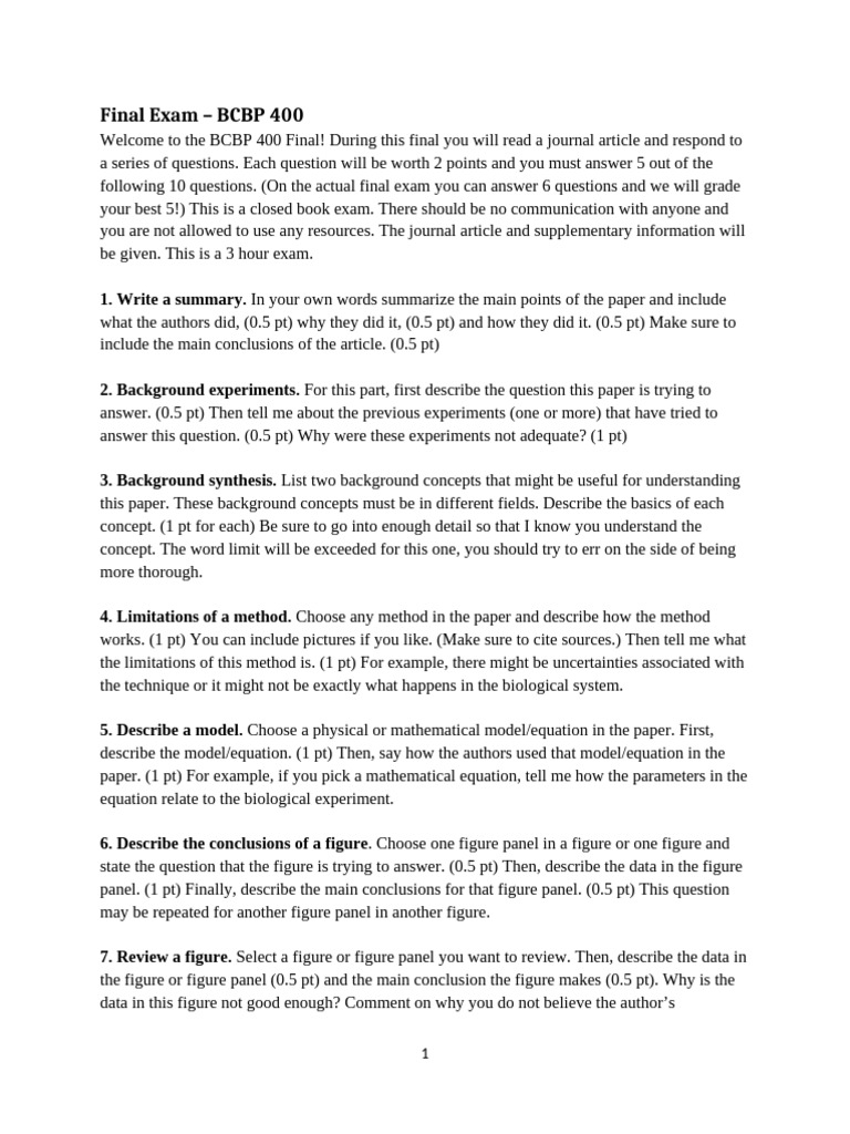 BCBP 400 Final Exam Prompt | PDF | Equations | Cognition