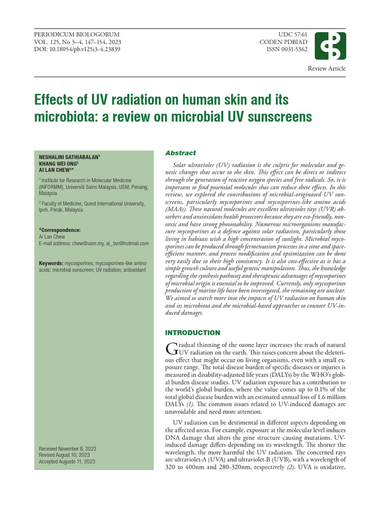 Effects of UV Radiation On Human Skin and Its Microbiota: A Review On ...