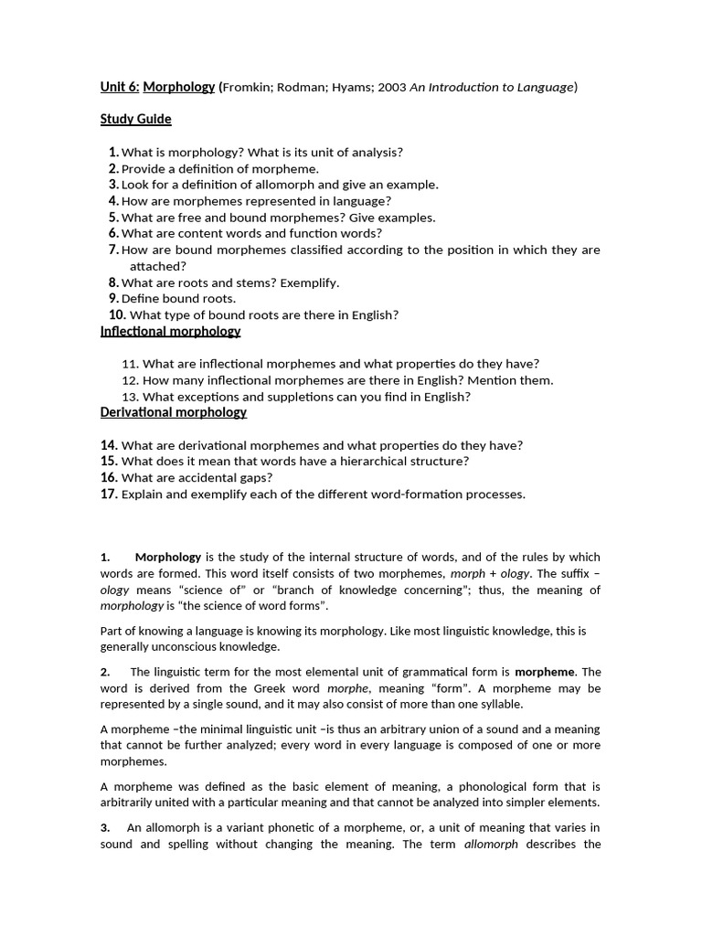 Linguistics Unit 6 Morphology | PDF | Word | Morphology (Linguistics)