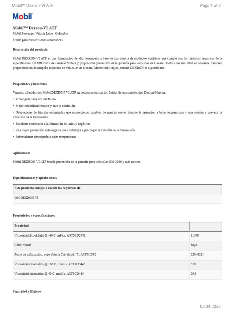 Mobil™ Dexron-VI ATF: Especificaciones y Beneficios | PDF | Exxon Mobil