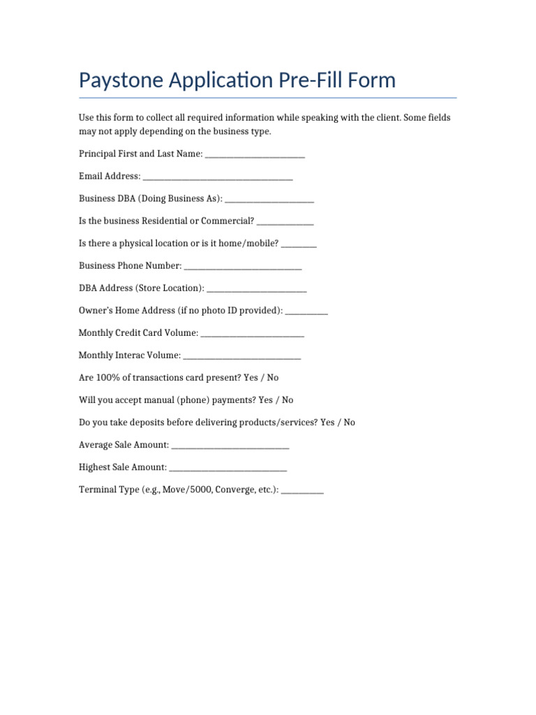 Paystone Application Prefill Form | PDF