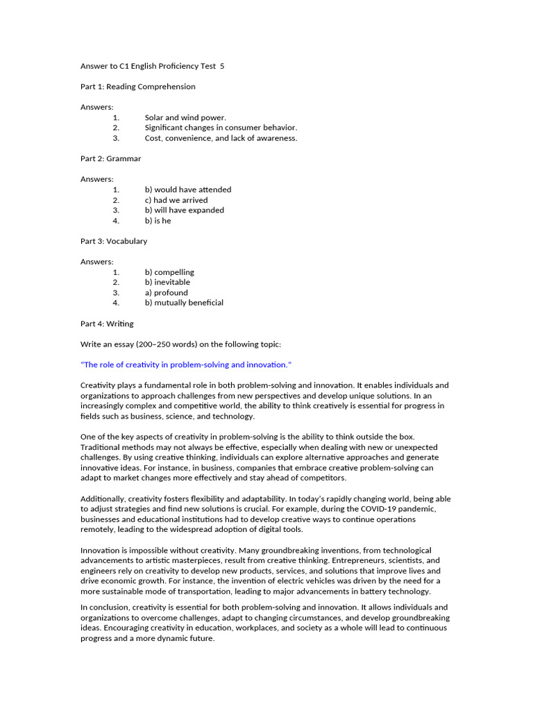 Answer To C1 English Proficiency Test 5 | PDF | Creativity | Innovation