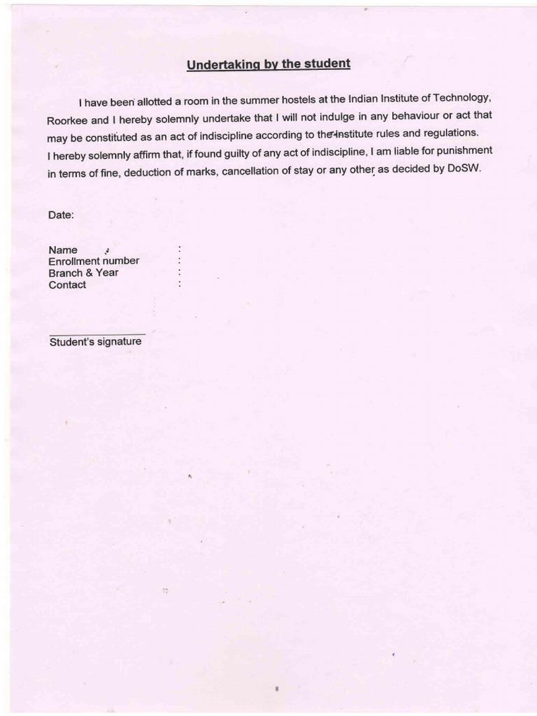 Undertaking by Student For Summer Hostel | PDF