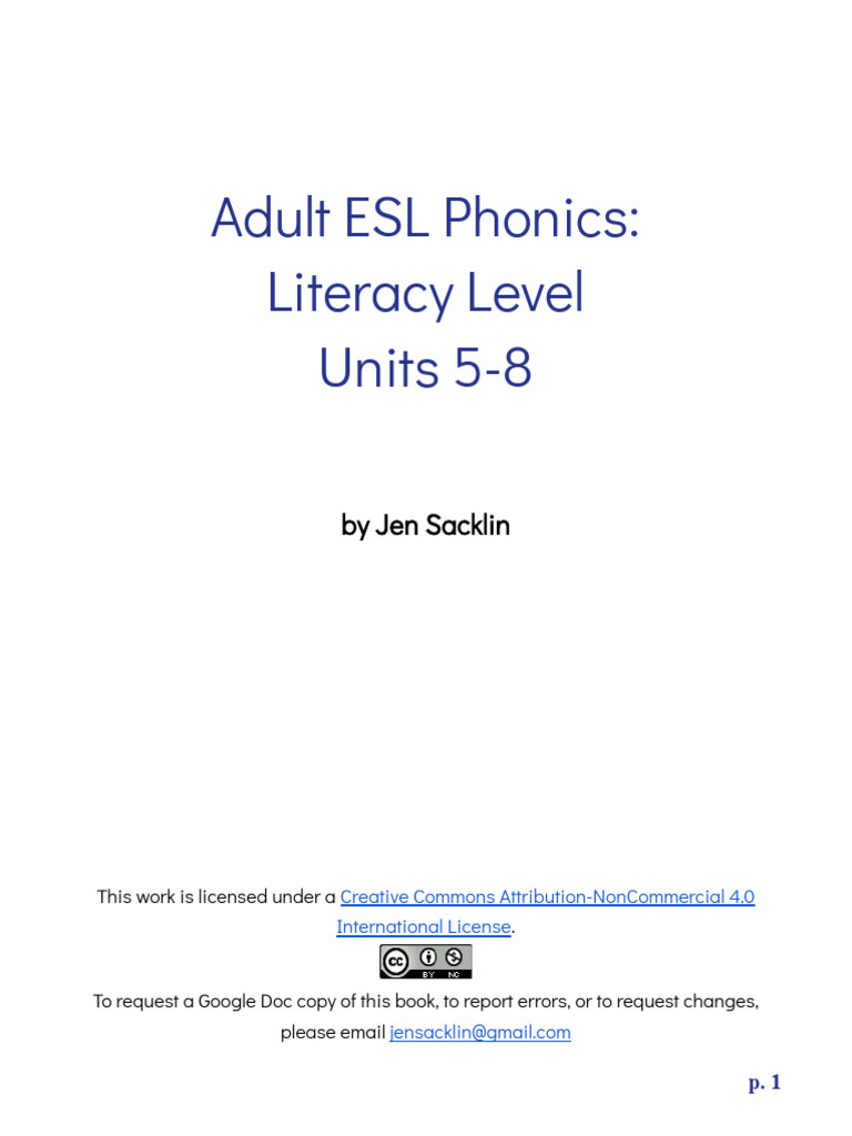Adult ESL Phonics - Literacy Level - Units 5-8 - Jen Sacklin | PDF ...