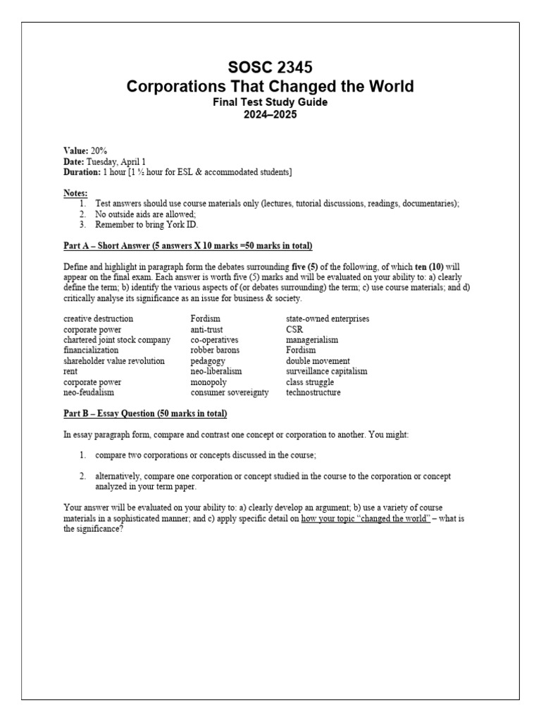 SOSC 2345 Corporations That Changed The World - Final Test Study Guide ...