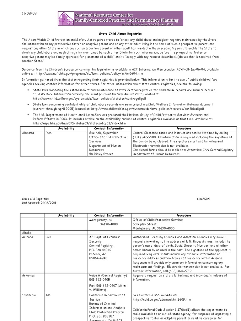 State Child Abuse Registries | PDF | Child Protective Services | Childhood