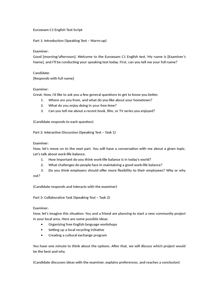 Euroexam C1 Speaking Test Overview | PDF