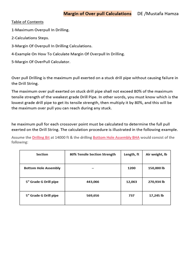 Margin of Over Pull Calculation | PDF | Mechanical Engineering