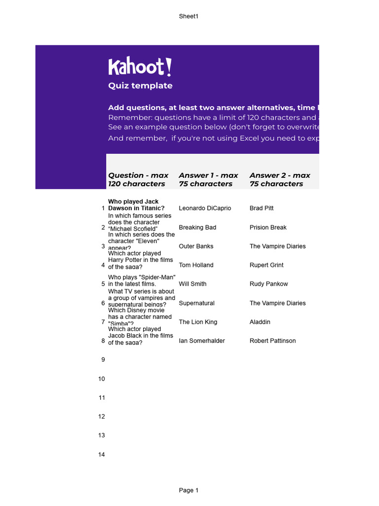 KahootQuizTemplate - Sheet1 | PDF