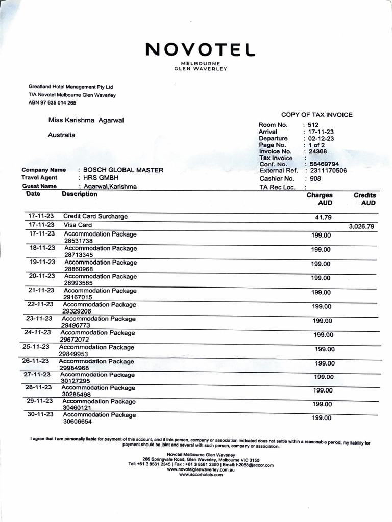 Novotel invoice | PDF | Credit Card | Payments