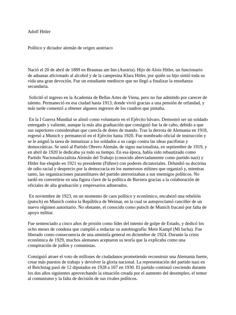 Biografía de Adolf Hitler: Ascenso y Caída | PDF | Alemania nazi ...