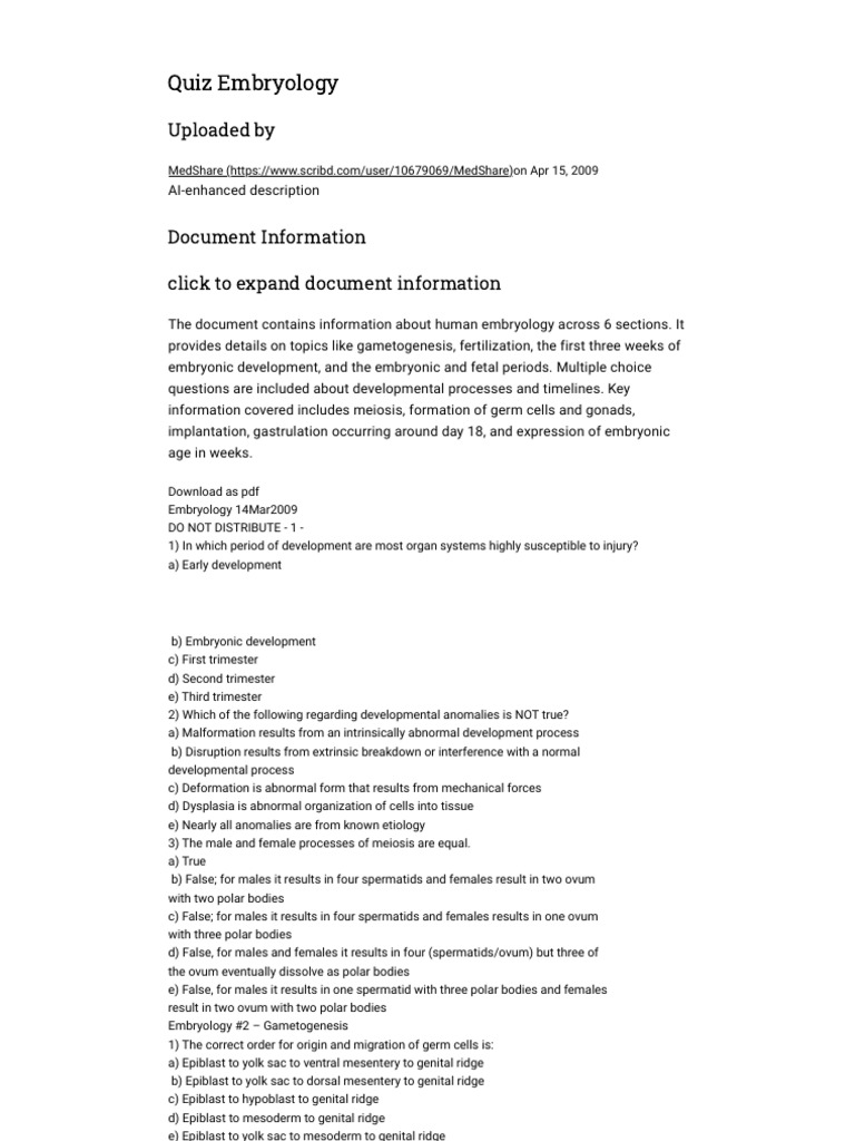 Embryology Quiz: Development & Anomalies | PDF | Luteinizing Hormone ...