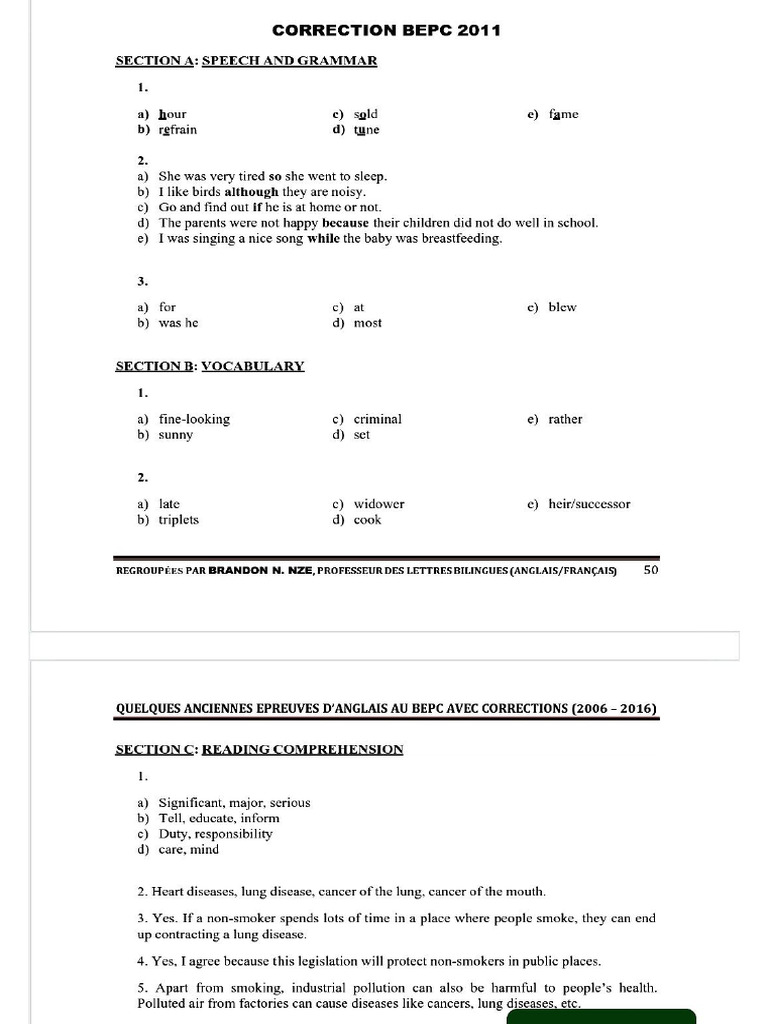Correction BEPC 2011-2016 | PDF