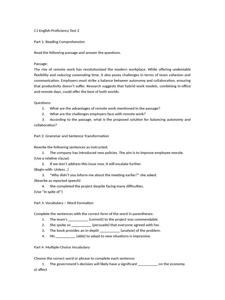 C1 English Test: Remote Work Focus | PDF