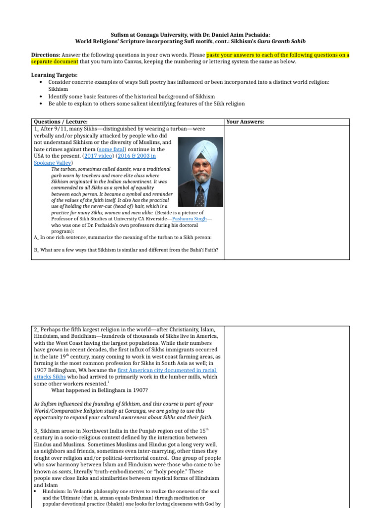 In-Class - Sikhism and Sufism | PDF | Guru Nanak | Guru Granth Sahib